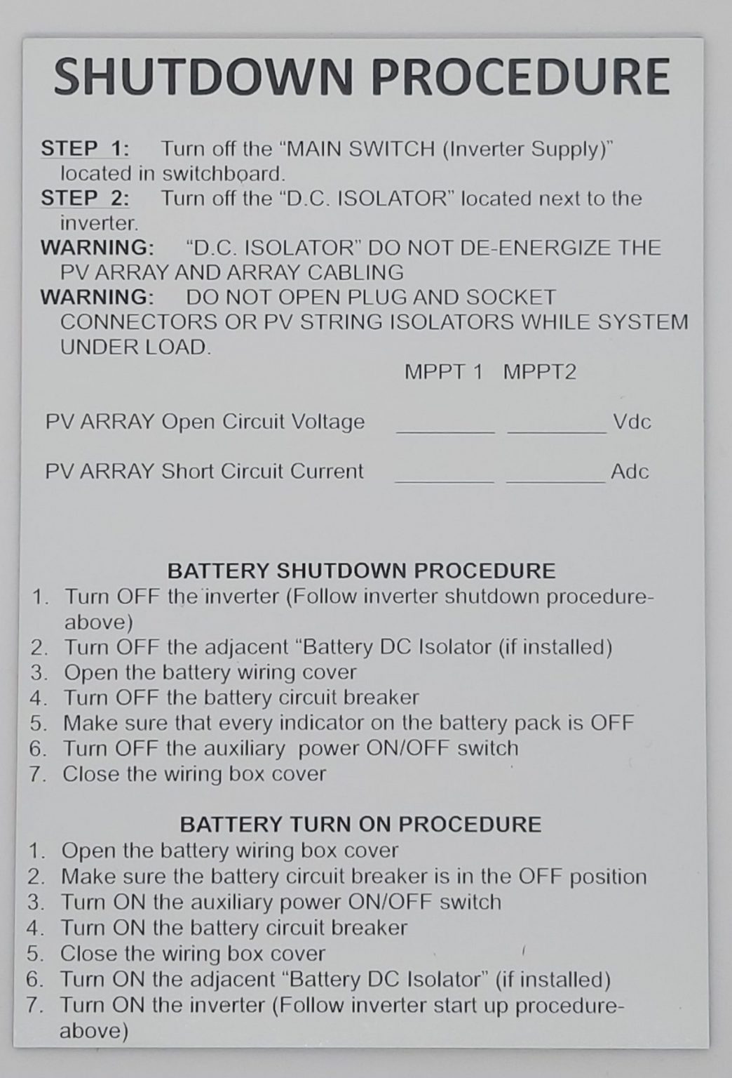 Solar Label “BATTERY SHUTDOWN PROCEDURE” 190mm X 130mm – Make Your Mark ...